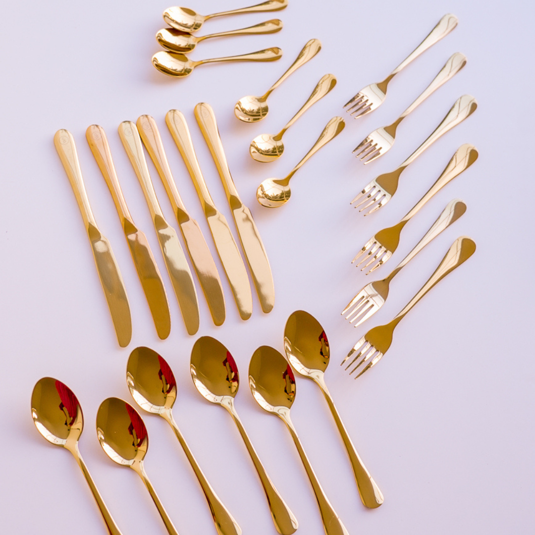 24-Piece Luxury Gold Cutlery Set | 304 Steel Flatware – Whites & Pastels